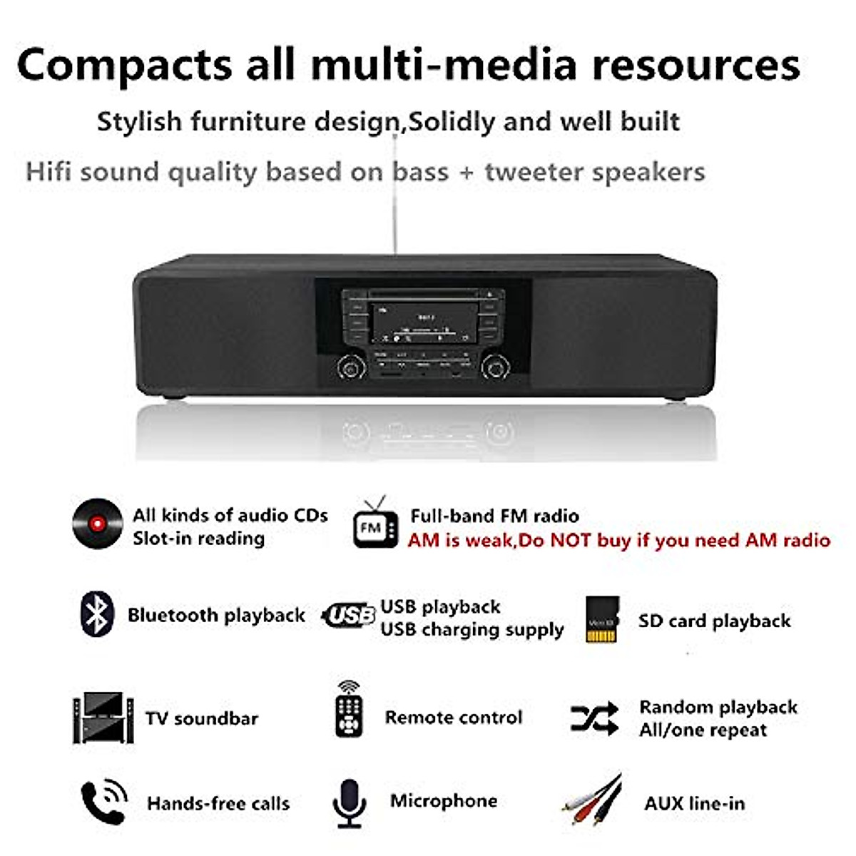 KEiiD CD Player with Speakers Bluetooth for Home Stereo System Boombox | FM Radio USB SD AUX Remote Control | 28 Inch Long with Bluetooth Receiver (Black Finish)