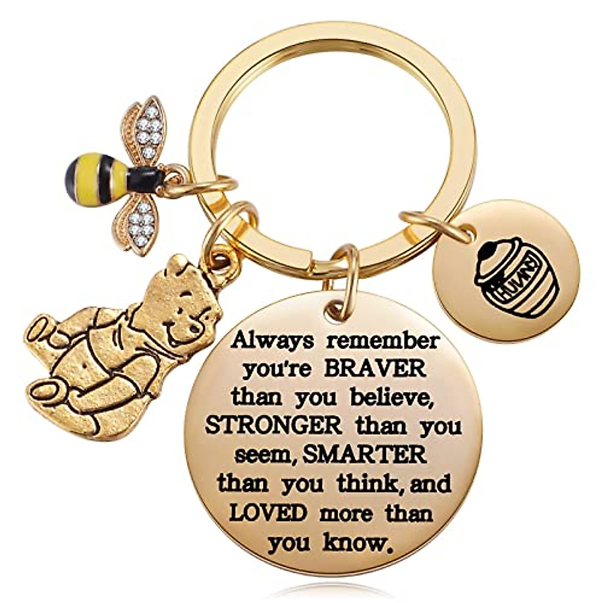 Inspired by Winnie the Pooh Classic Gifts You Are Braver Than You Believe, Bee, Honey Pot, Pooh Bear Charm Keychain for Pooh Loving Women Girls, Gold