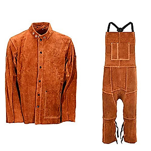 QeeLink Leather Welding Work Jacket with Split Leg Apron Flame-Resistant Heavy Duty Split Cowhide Leather Welder Jackets with Welding Apron for Men & Women, Large