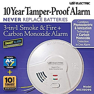 Universal Security Instruments Hardwired 10 Year Tamper Proof Permanent Power Sealed Battery 3-in-1 Universal Smoke Sensing & Carbon Monoxide Combination Alarm, Model MIC1509S,white, Corded Electric