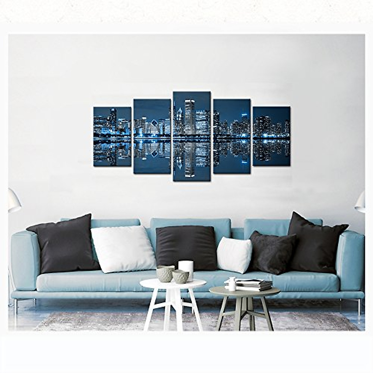 LevvArts - Chicago Downtown at Night Picture Canvas Print - Modern City Wall Art - 5 Panels Framed Artwork for Office Living Room Wall Decoration