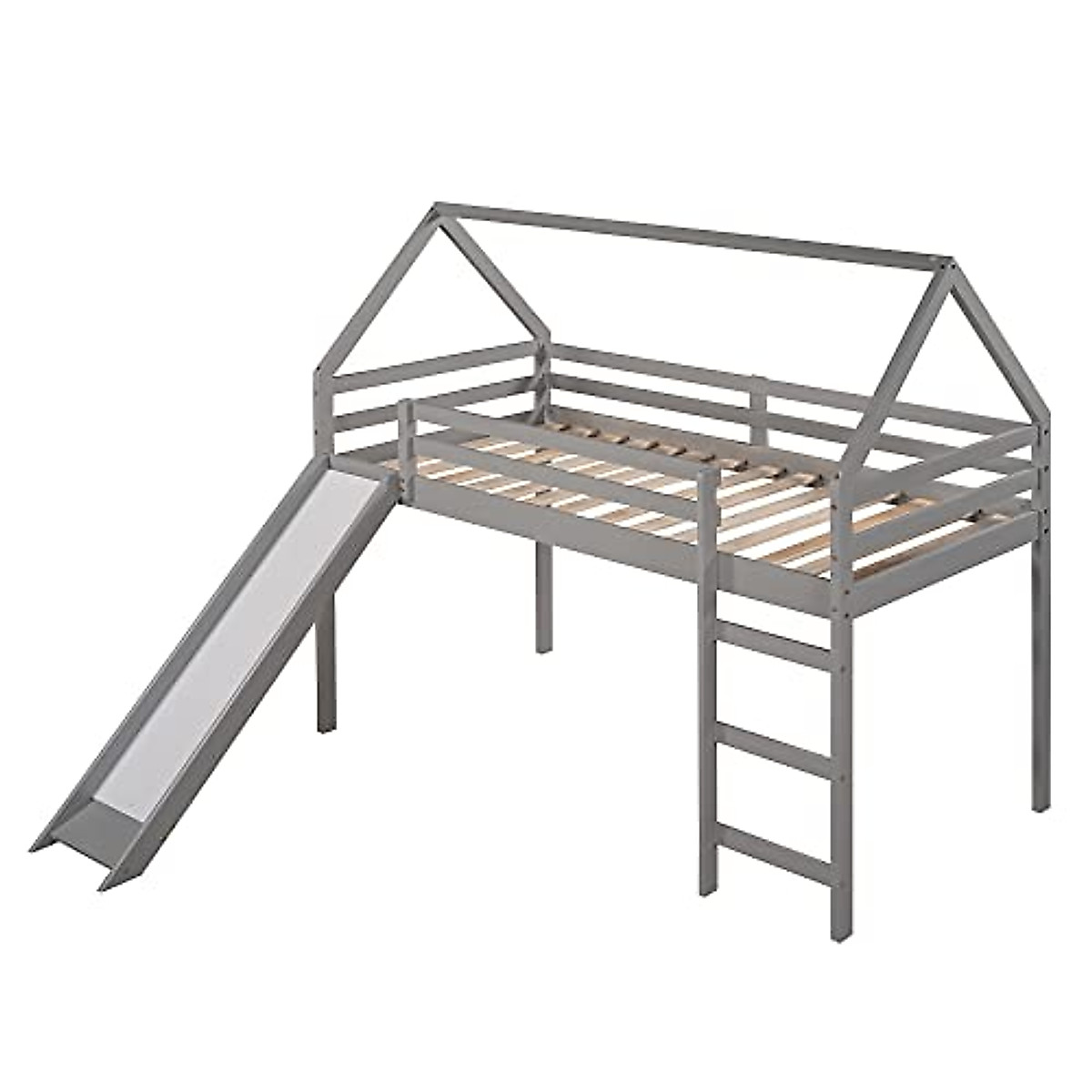 Lifeand Twin Size Loft Bed with Slide,Wooden House Bed for Kids/Girls/Boys, Gray