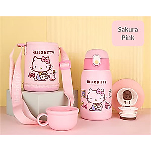 Everyday Delights Sanrio Hello Kitty Stainless Steel Insulated Water Bottle Double Covers with Cup, Straw and Bag 480ml, Pink (KT6603)