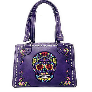 Western Sugar Skull Rhinestone Flora Embroider Concealed Carry Purse/Multi Color (Purple)