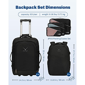 Hynes Eagle 2 in 1 Travel Backpack 22 inches Carry on Luggage 63L Rolling Backpack for Men Women with Packing Cubes 3PCS Set