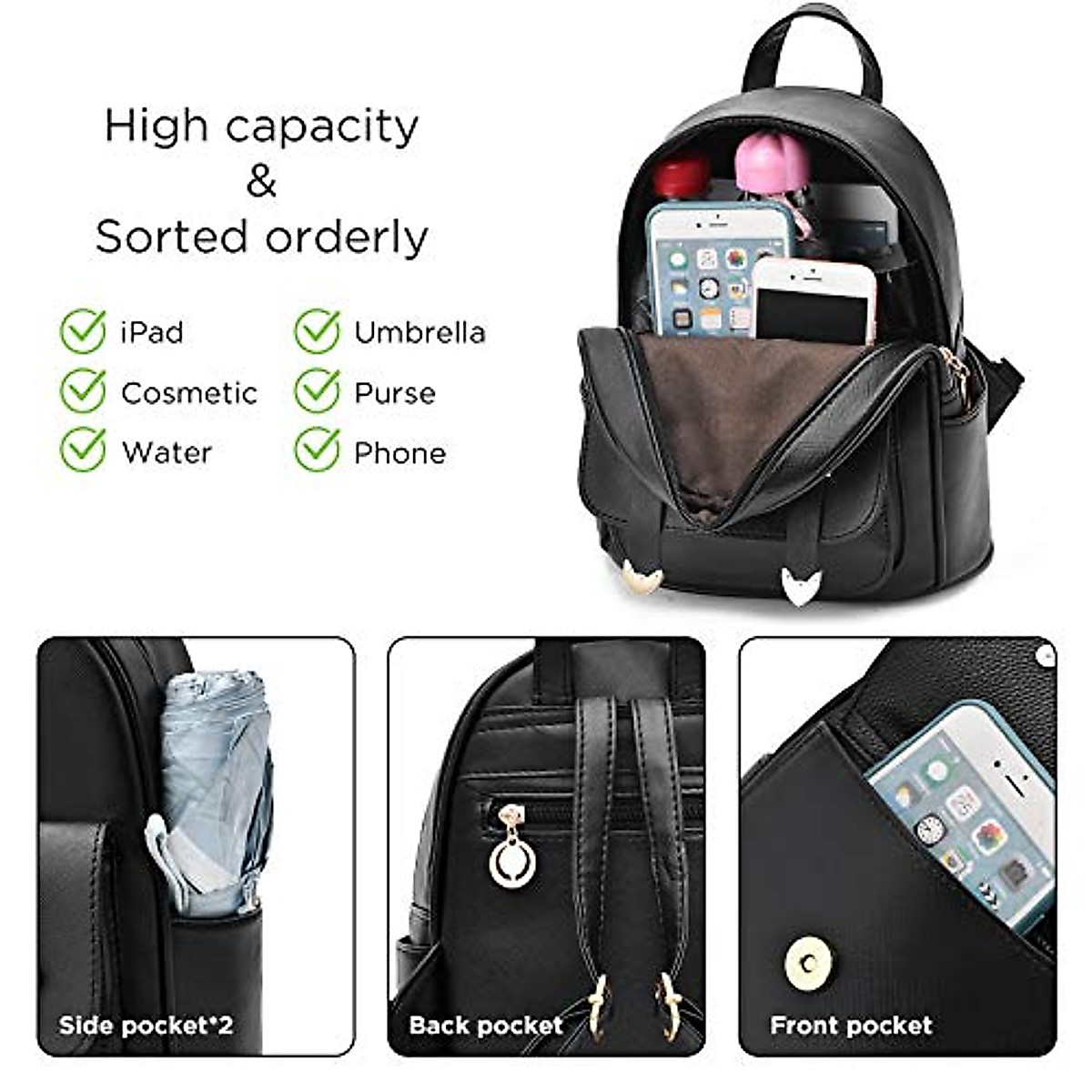 I IHAYNER Girls Fashion Backpack Mini Backpack Purse for Women Teenage Girls Purses PU Leather cute Backpack Shoulder Bag Black