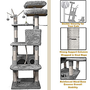 NEGTTE Cat Tree Tower for Indoor Cats,64 inches Large Multi-Level Cat Activity Center with Condos,Scratching Posts,Removable Fur Ball Sticks,Light Gray