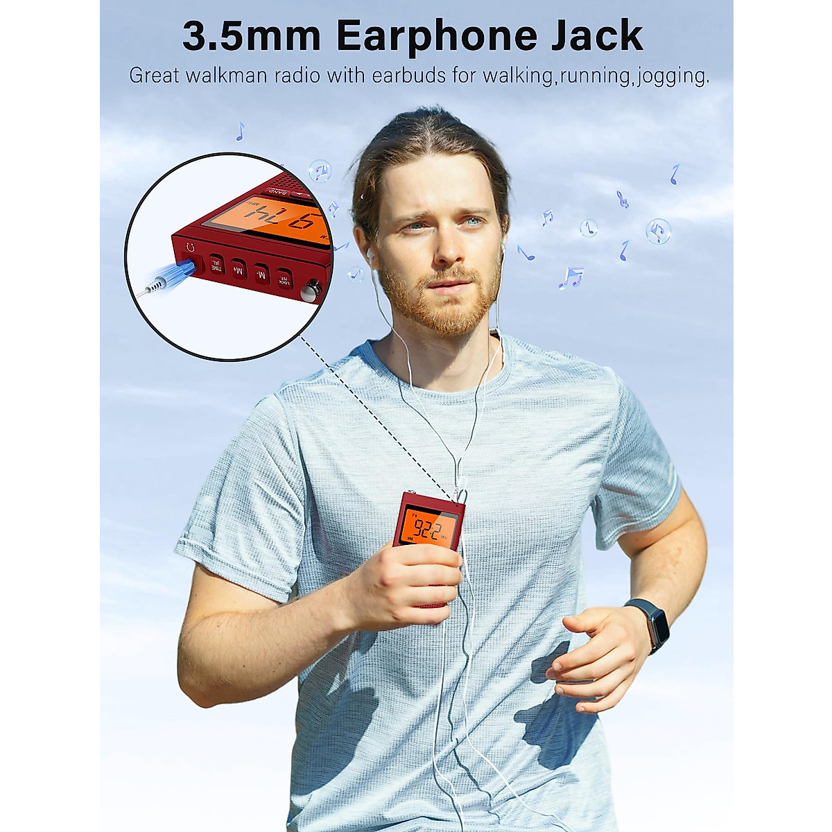 AM FM Portable Radio Personal Radio with Excellent Reception Battery Operated by 2 AAA Batteries with Stero Earphone, Large LCD Screen, Digtail Alarm Clock Radio(Red)