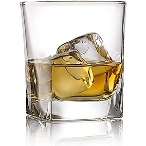 Double Old Fashioned Whiskey Glass (Set of 4) with Granite Chilling Stones - 10 oz Heavy Base Rocks Barware Glasses for Scotch, Bourbon and Cocktail Drinks
