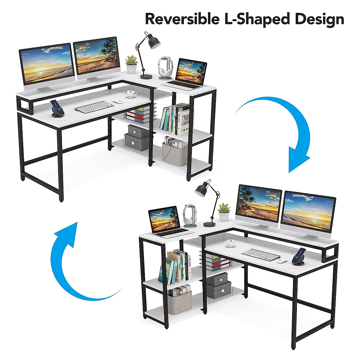 LITTLE TREE Reversible L Shaped Computer Desk with Storage Shelf, Industrial Corner Desk with Monitor Stand for Home Office