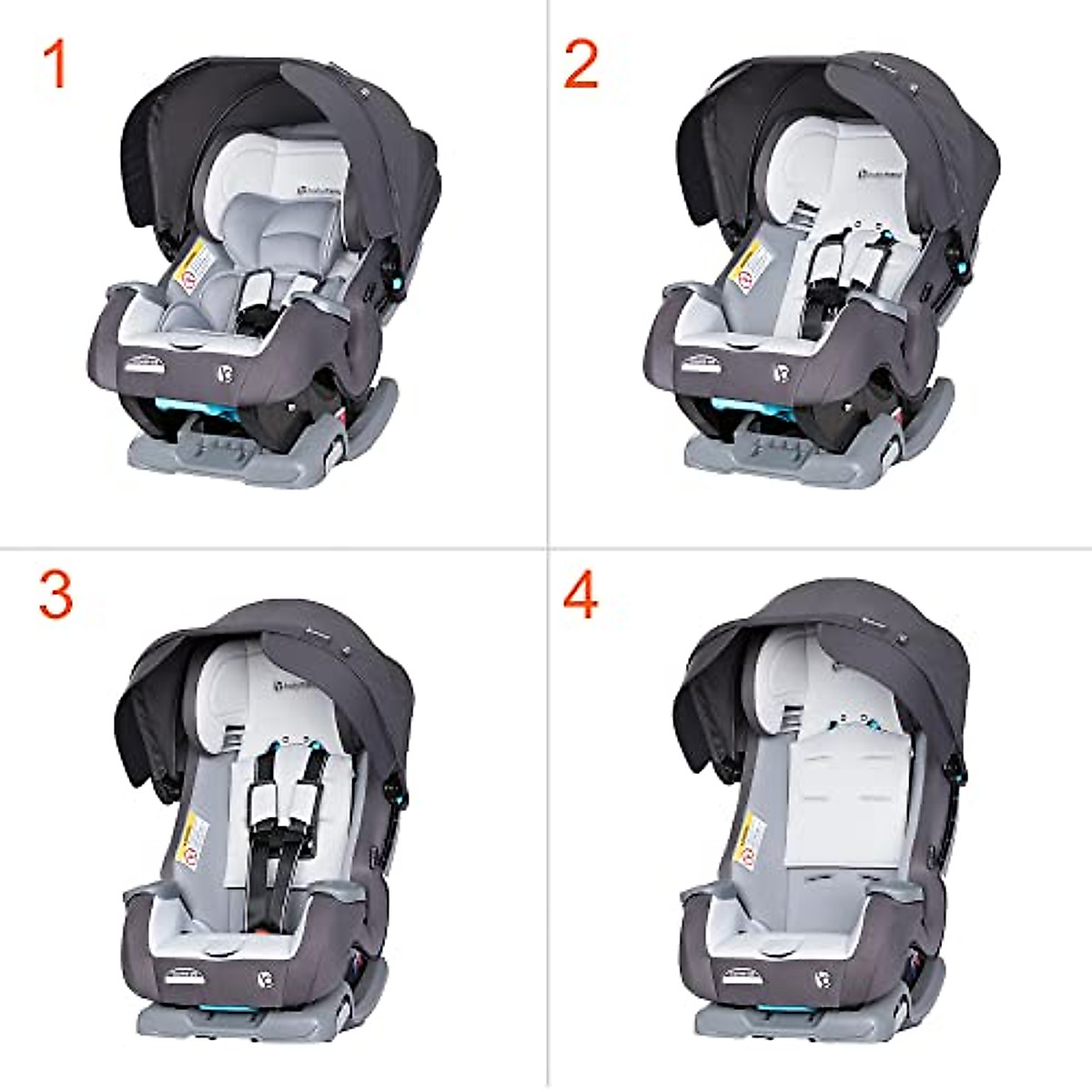 Baby Trend Cover Me 4-in-1 Infant Toddler Convertible Car Seat with Adjustable/Removable Canopy for Sun Protection & 2 Cup Holders, Stormy Gray