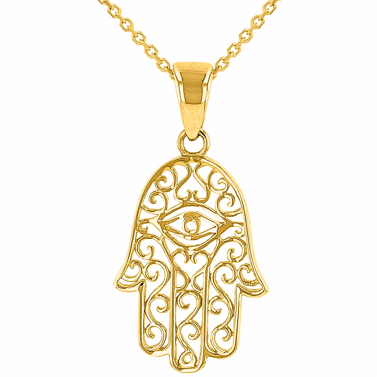 Jewelry America Solid 14K Yellow Gold Filigree Hamsa Hand of Fatima with Evil Eye Pendant Necklace, 20"