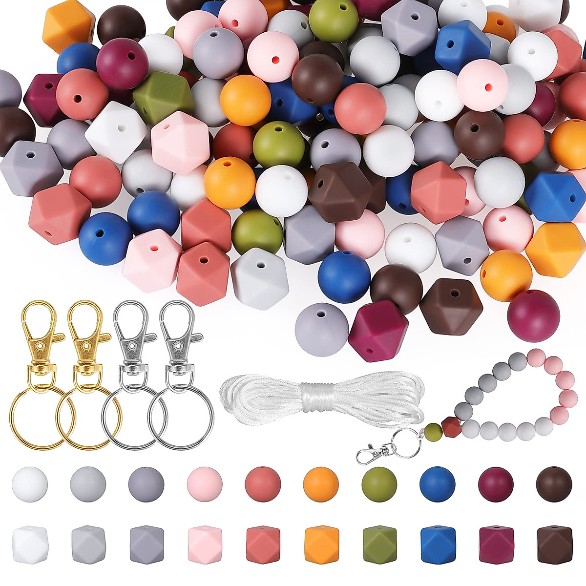 Silicone Beads, 150pcs Silicone Beads Bulk Round Bead 15mm Hexagon Silicone Beads 14mm for Jewelry Making Large Beads with Lanyard & Key Chain Ring for Keychain Making (15MM Macaron)