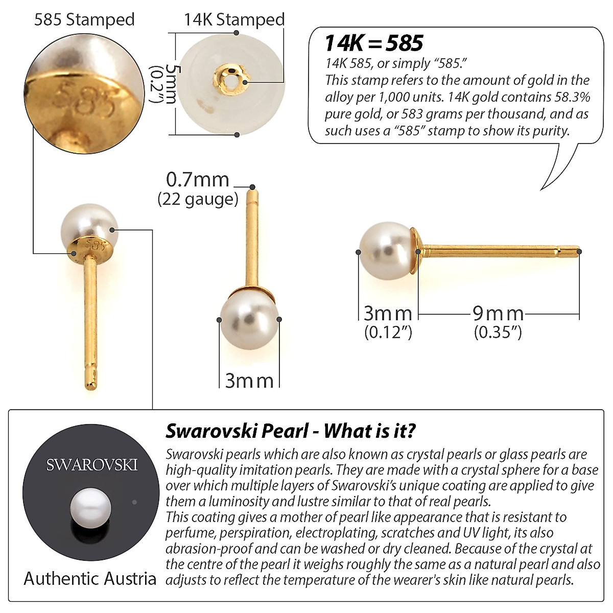 14K Solid Yellow Gold 3mm X-Small Tiny Swarovski Crystal White Pearl Stud Short Post Earrings for Girl Women