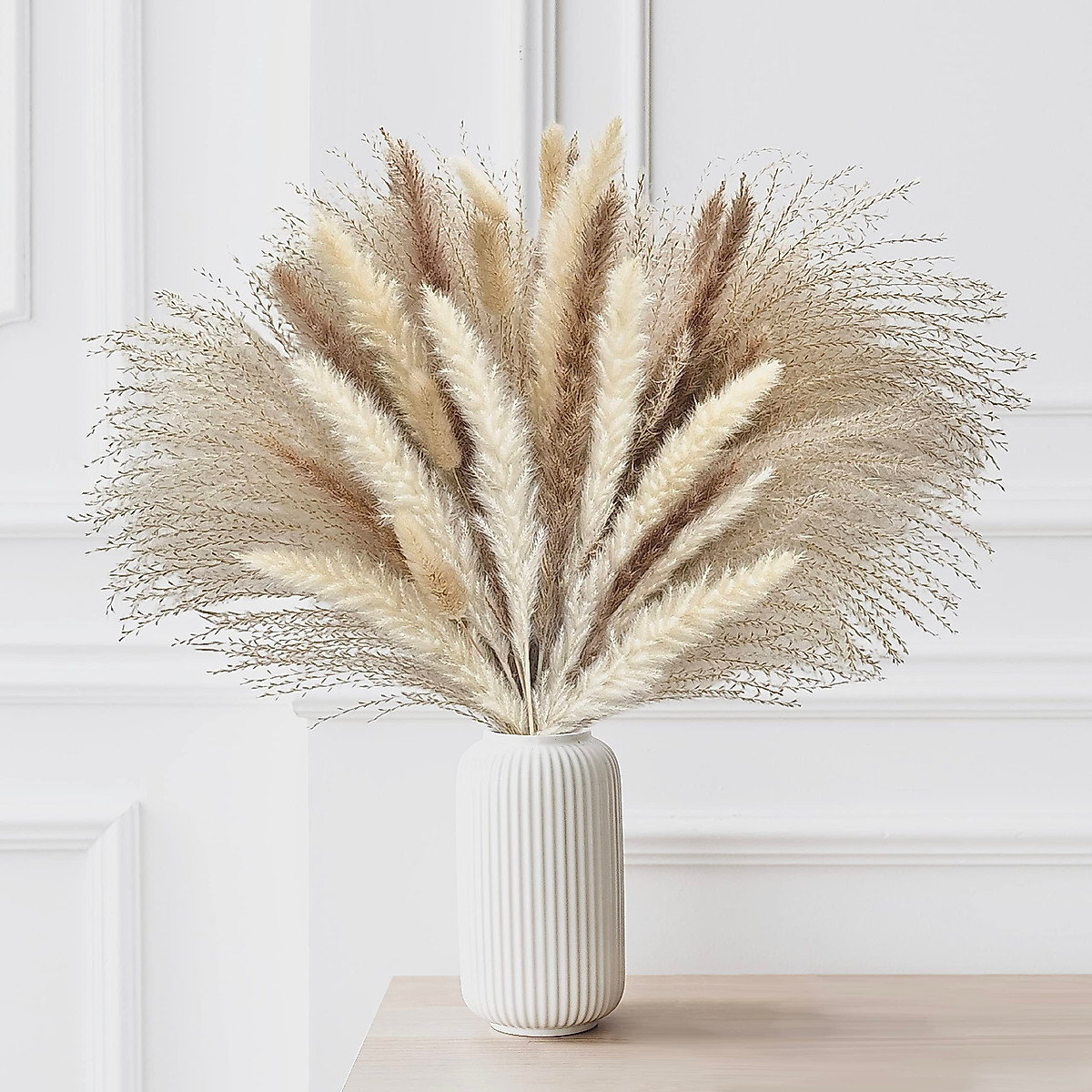 Natural Dried Pampas Grass Bouquet - 85 PCS with Bunny Tails, Dried Flowers, and Pompas for Boho Home Decor, Wedding Floral Arrangements, Rustic Farmhouse Party in White and Brown