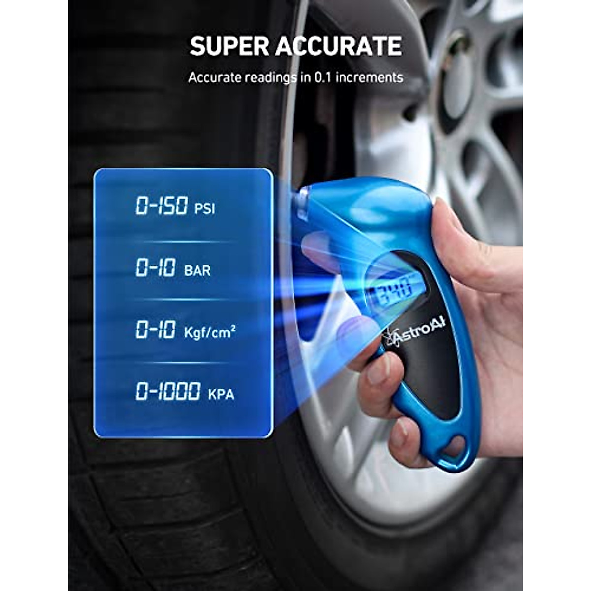 AstroAI Digital Tire Pressure Gauge 150 PSI 4 Settings for Car Truck Bicycle with Backlit LCD and Non-Slip Grip Car Accessories, Blue