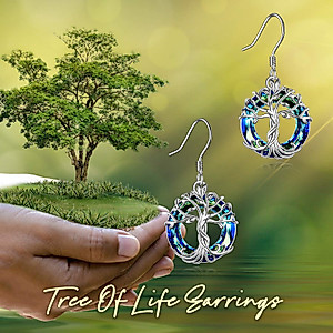 TOUPOP Earrings for Women Sterling Silver Tree of Life Dangel Drop Hooks Earrings with Blue Circle Crystal Christmas Birthday Valentiens Mothers Day Jewelry Gifts for Women Mom Her