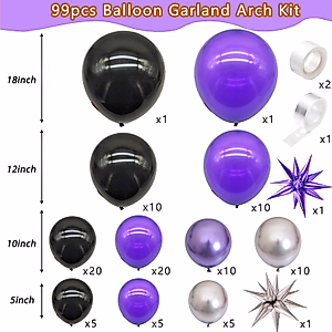 Purple and Black Balloon Garland Arch Kit, Black Purple Silver Balloon Arch Kit with 2PCS 4D Foil Star 18/12/10/5 inch Latex Balloons for Halloween Birthday Graduation Themed Party Decorations
