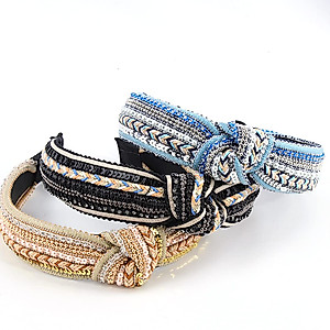 TOBATOBA Knotted Boho Headbands for Women, 3 Pack Beaded Headbands Knot Headband, Diademas Para Mujer De Moda, Womens Crystal Pearl Headbands, Wide Turban Headbands No Slip Fashion for Women