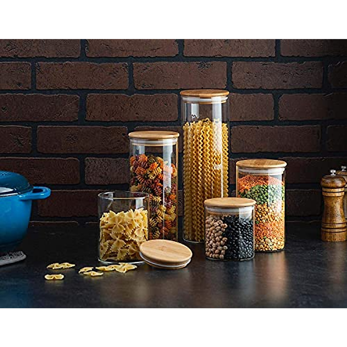 Sugar Packet holder Canister Set of 5, Glass Kitchen Canisters with Airtight Bamboo Lid, Glass Storage Jars for Kitchen, Bathroom and Pantry Organization Ideal for Flour, Sugar, Coffee, Cookie Jar, Candy, Snack and More