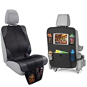 lebogner Car Seat Protector + Backseat Organizer With iPad and Tablet Holder, 5 Pocket Storage Car Seat Back Cover & Kick Mat Protector
