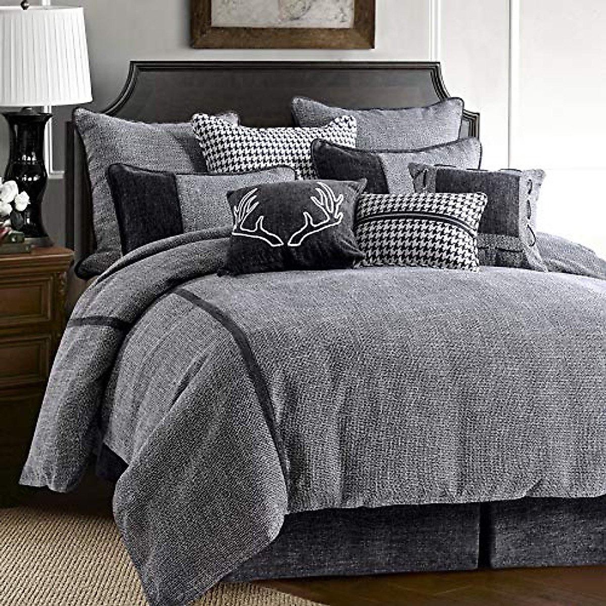 HiEnd Accents Hamilton 4 Piece Comforter Set, Gray Tweed Bed Set, Super King Size, Rustic Cabin Lodge Luxury Bedding Set, 1 Comforter, 1 Bed Skirt, 2 Pillow Shams