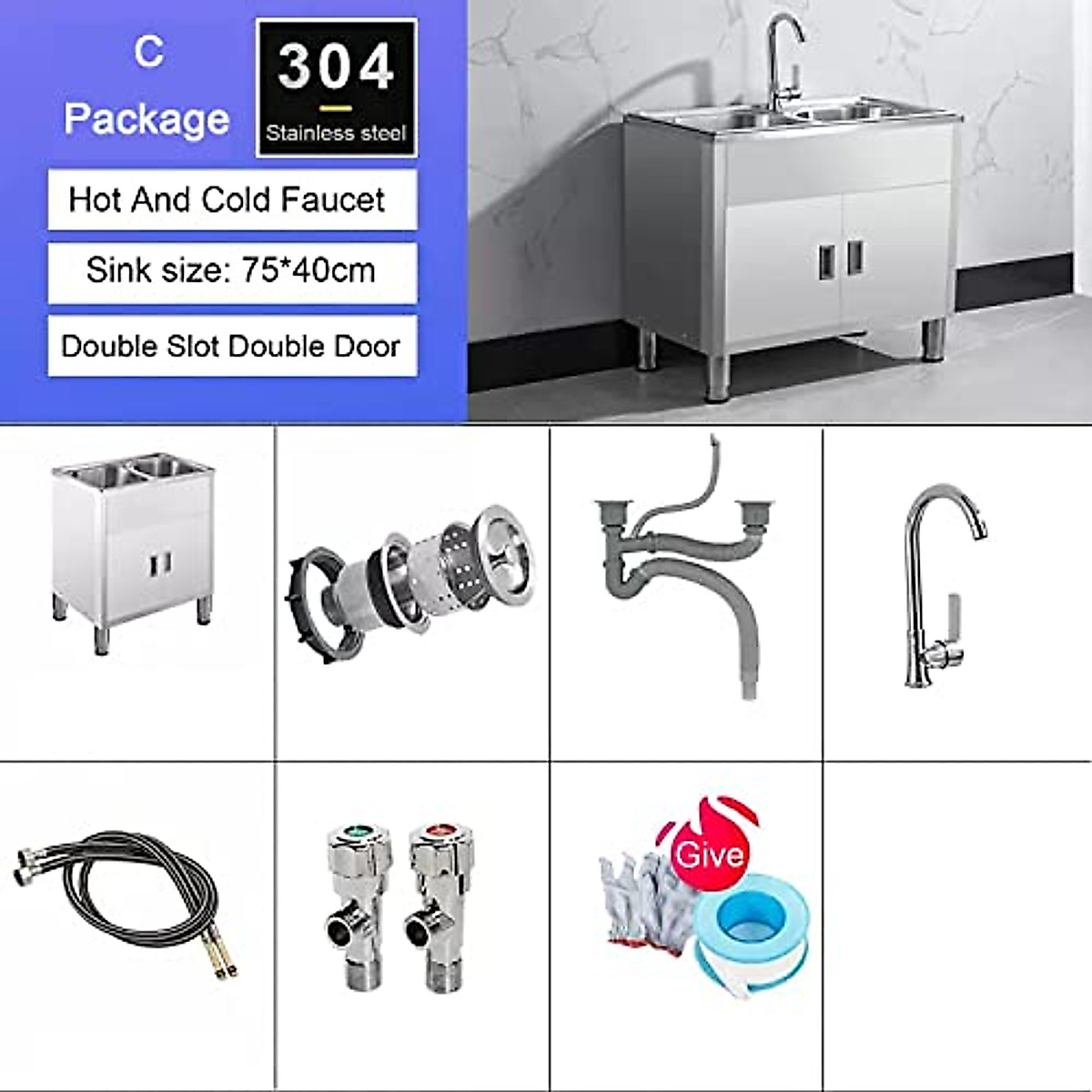 Kitchen Sinks，Outdoor Sink，With Cabinet Stainless Steel Sink，Commercial Restaurant Sink，For Business Restaurant, Cafe, Bar, Hotel, Garage, Laundry Room, Outdoor (Color : Set meal C, Size : 75X40CM)