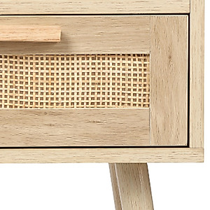 Finnhomy Nightstands Set of 2, End Table, Nightstand, Side Table with Hand Made Rattan Decorated Drawers, Wood Accent Table with Storage for Bedroom, Natural