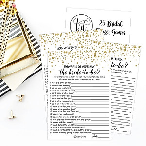 Hadley Designs 25 Black and Gold How Well Do You Know The Bride to be Bridal Wedding Shower or Bachelorette Party Game, Couples Guessing Question Set of Cards Pack, Printed Engagement