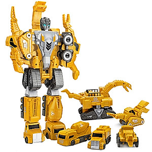 SLENPET 5 in 1 Dinosaur Transforming Robot Toys Set, Magnetic Assemble into Emulation 14.5 inches Large Robot Figures, 5 Construction Trucks & Dinosaurs for Boys, Kids Ages 3 and Up