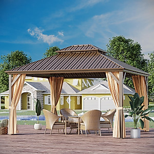 LATTOY 12'x14' Permanent Hardtop Gazebo, Outdoor Galvanized Steel Double Roof Pavilion Pergola Canopy with Aluminum Frame and Privacy Curtains for Garden Patio,Patio Backyard,Deck and Lawns