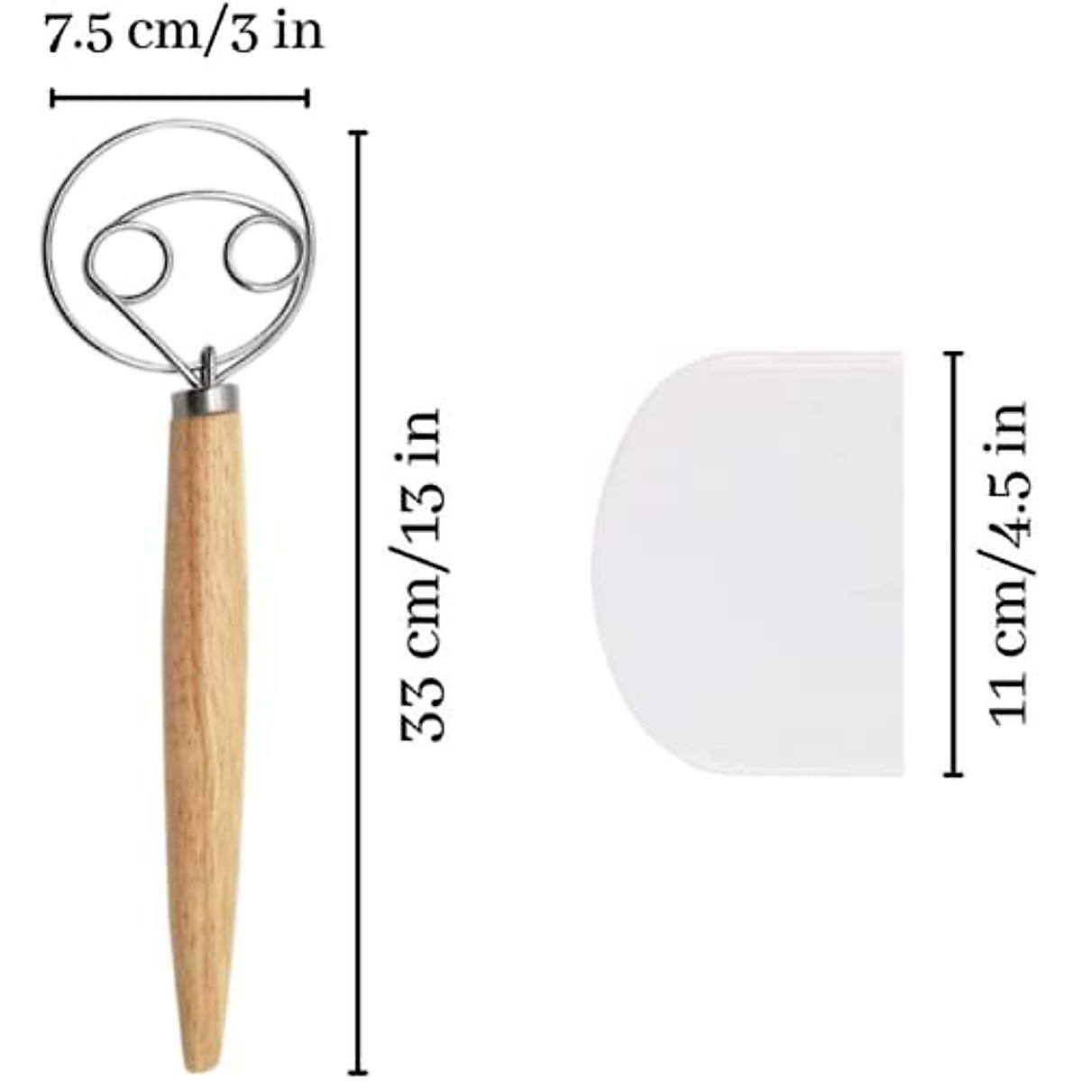 Sofease The Original Danish Dough Whisk - 304 Stainless Steel Ring Nonstick Dutch Whisk for Dough - Long Wooden Danish Dough Whisker Bread Mixer Handle Bundle with Flexible Plastic Scraper Cutter