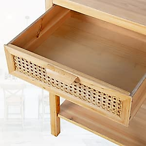 Polar Aurora Nightstand, End Table with Woven Pattern Drawer and Open Storage Shelf, Bedside Furniture, Side Table for Bedroom, Easy Assembly, Natural Walnut