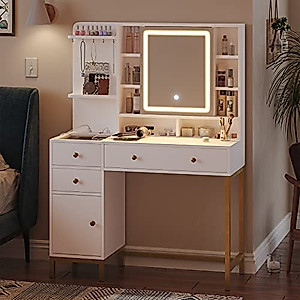 AOGLLATI Makeup Vanity with Lights in 3 Colors, White Vanity Desk with Mirror and Lights, Vanity Table with Charging Station, Makeup Desk with Visible Drawers, Hidden and Open Storage Shelves