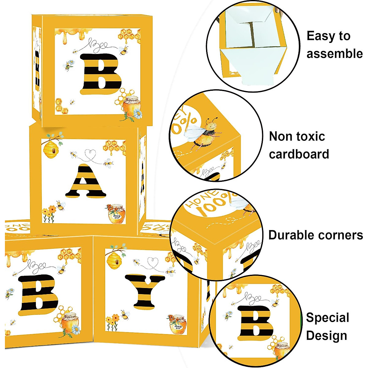FVABO Bee Baby Shower Balloon Boxes Decorations - 4Pcs What Will It Bee Gender Reveal Decorations Balloon Box, Honey Bumble Bee Theme Party Balloon Boxes Backdrop Block Party Supplies