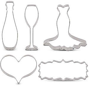 LILIAO Wedding Cookie Cutter Set for Anniversary/Bridal/Engagement - 5 Piece - Heart, Wedding Dress, Plaque, Champagne and Champagne Glass Fondant Cutters - Stainless Steel