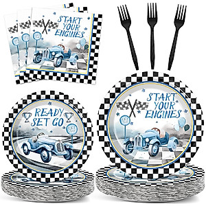 96 Pcs Race Car Party Supplies Watercolor Race Car fast one theme Tableware Set Racing Party Decorations for Boys Birthday Party Baby Shower Plates and Napkins Table Party Decor Serves 24 Guests