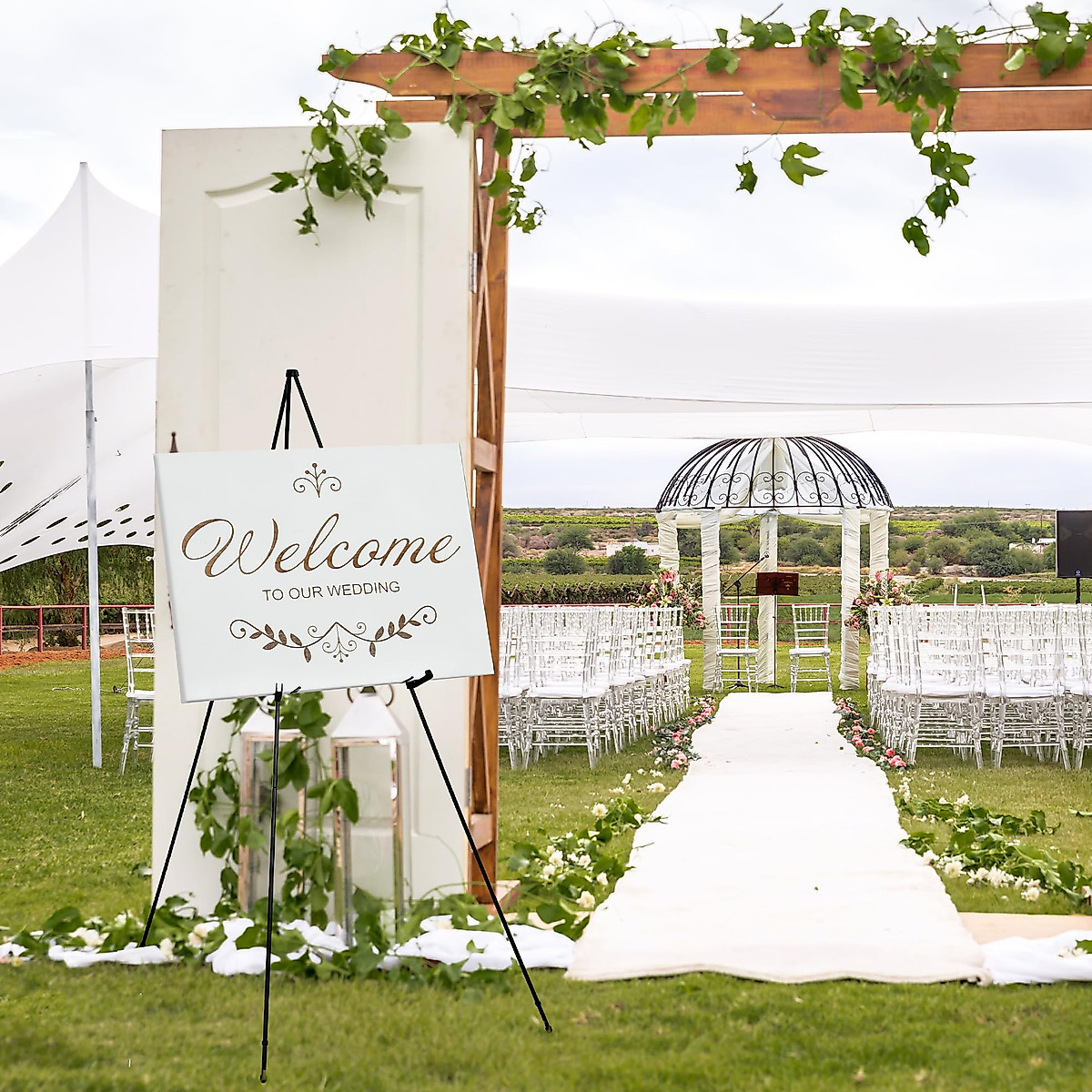 Amazon Basics Easel Stand, Instant Floor Poster, Lightweight, Collapsible and Portable with Tripod Base, Black Steel(supports 5 pounds)