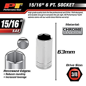 Performance Tool W38330 15/16-Inch 6-Point Chrome Vanadium Socket, 3/8-Inch Drive