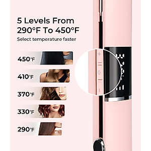 PRITECH Flat Iron Hair Straightener, Titanium Flat Iron with Adjustable Temp(290°F-450°F), 1 inch Plate for All Hairstyles Anti-Scald Dual Voltage Straightening and Curler 2 in 1 (Pink)