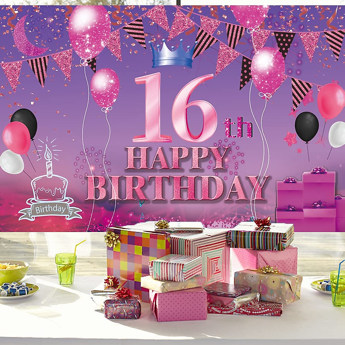 Happy 16th Birthday Backdrop Banner Pink Purple 16th Sign Poster 16 Birthday Party Supplies for Anniversary Photo Booth Photography Background Birthday Party Decorations, 72.8 x 43.3 Inch