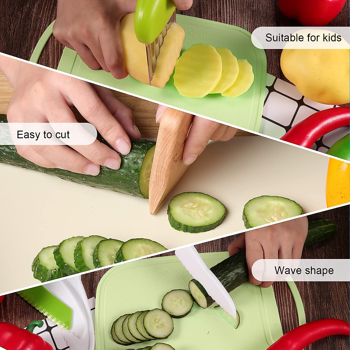 7 Pieces Wood Kids Kitchen Knife Toddler Knife Set Includes Wooden Kids Knife Serrated Edges Plastic Cooking Knives Green Cutting Board Vegetable Crinkle Cutter Cooking Utensils for Kids Home Supplies