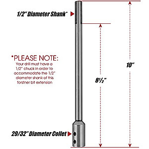 Fulton 10 inch Long Forstner Bit Extension for Adding Over 8" of Drilling Depth to Your Forstner Bit Ideal for Wood Turners Furniture Carpentry and Construction (1/2 inch Collet)