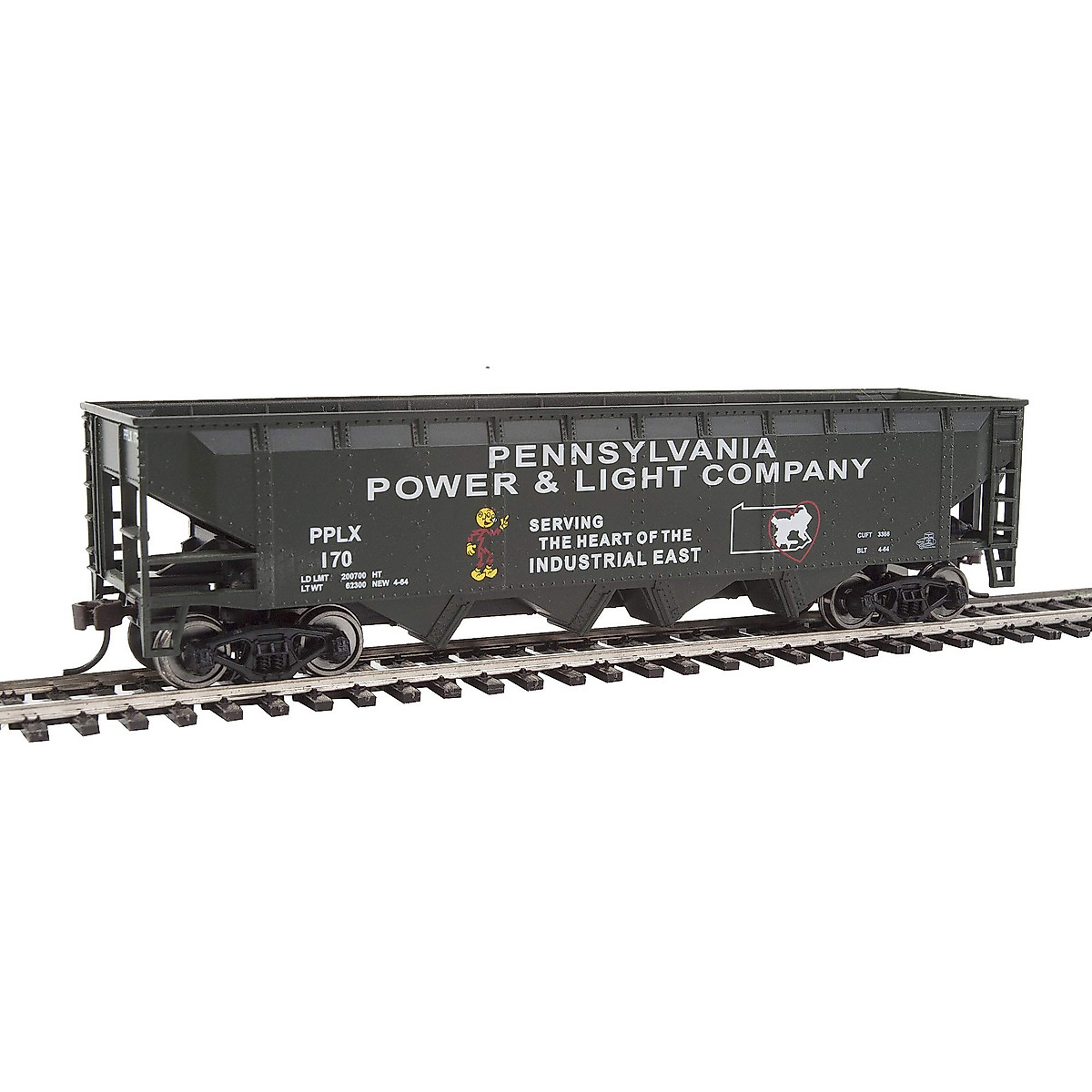 Walthers Trainline HO Scale Model Offset Quad Hopper - Ready to Run - Pennsylvania Power & Light Pplx #170