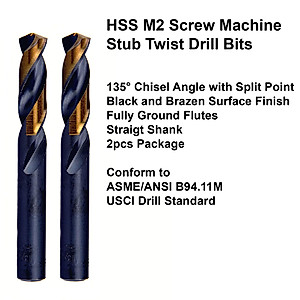 MAXTOOL 15/32" 2pcs Identical Screw Machine Drills HSS M2 Twist Stub Drill Bits Black & Bronze Fully Ground Straight Shank Short Drills; SMF02H10R30P2