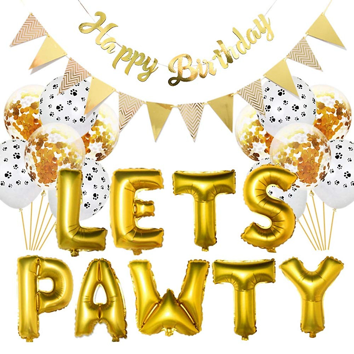 Dreamcolor Dog Happy Birthday Decorations Lets Pawty Balloon Dog Cat Party Banner (Gold)