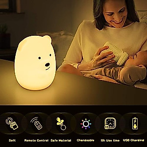 PAMANO LED Nursery Night Lights for Kids -USB Rechargeable Cute Animal Silicone Lamps with Touch Sensor and Remote Control -Portable Color Changing Glow Soft Cute Baby Infant Toddler Gift (Bear)