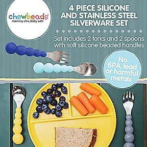 Chewbeads - Toddler Utensils Set - 4 Piece Baby, Kid or Toddler Silverware Set - Toddler Forks and Spoons Flatware - 100% Safe, BPA Free & Phthalate Free (Blue/Grey)
