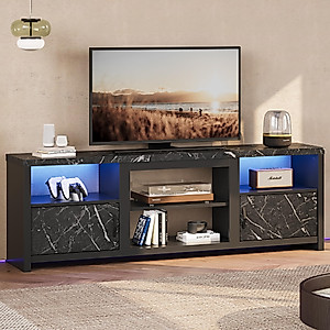 Bestier 70 Inch TV Stand with LED Lights for 80 Inch TV, Black Marble Entertainment Center with Storage Cabinets for Living Room Bedroom, Large TV Console Table with Adjustable Shelf, Easy Assembly
