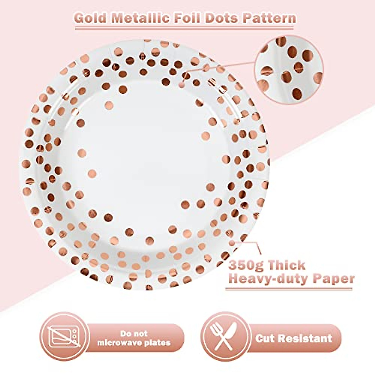 CENLBJ Disposable Paper Plates 100 Pack-White and Rose Gold Paper Plates 50x9&Gold Dot Napkins 50x6.5,Paper Plates and Napkins Party Supplies for Weddings,Birthdays,Bridal Parties,All Occasions